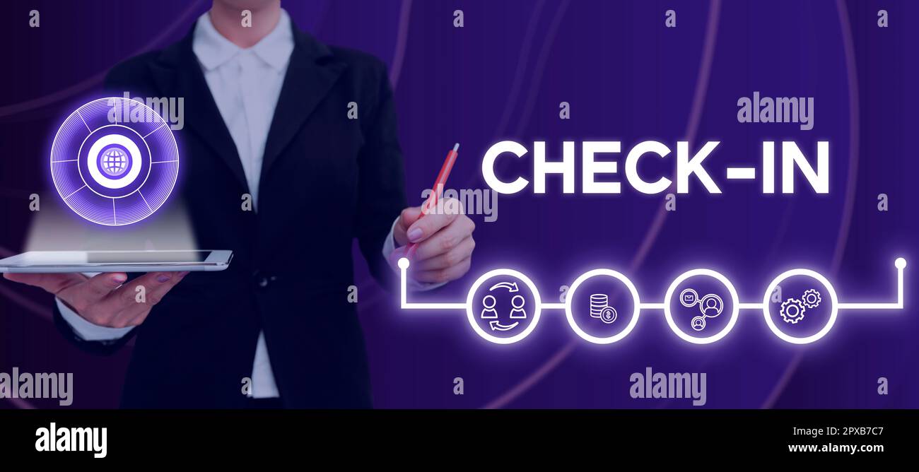 Schreiben mit Text Check-in, Geschäftskonzept Verfahren, mit dem eine ...