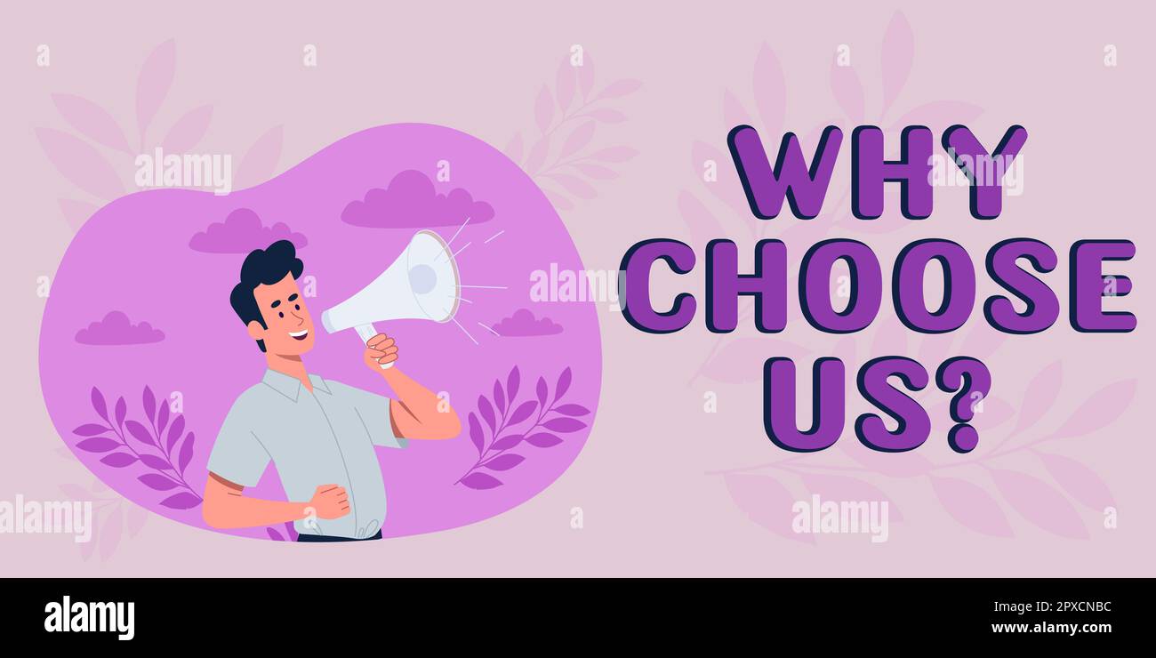 Schild mit Argumenten „Warum uns wählen“, Word für Gründe, warum wir ...