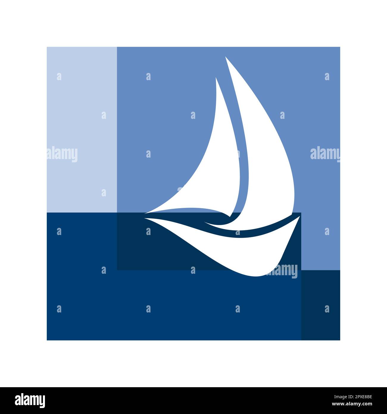 Segelschiff auf den Plätzen, weißes Segelboot auf blau. Vektorvorlage ...