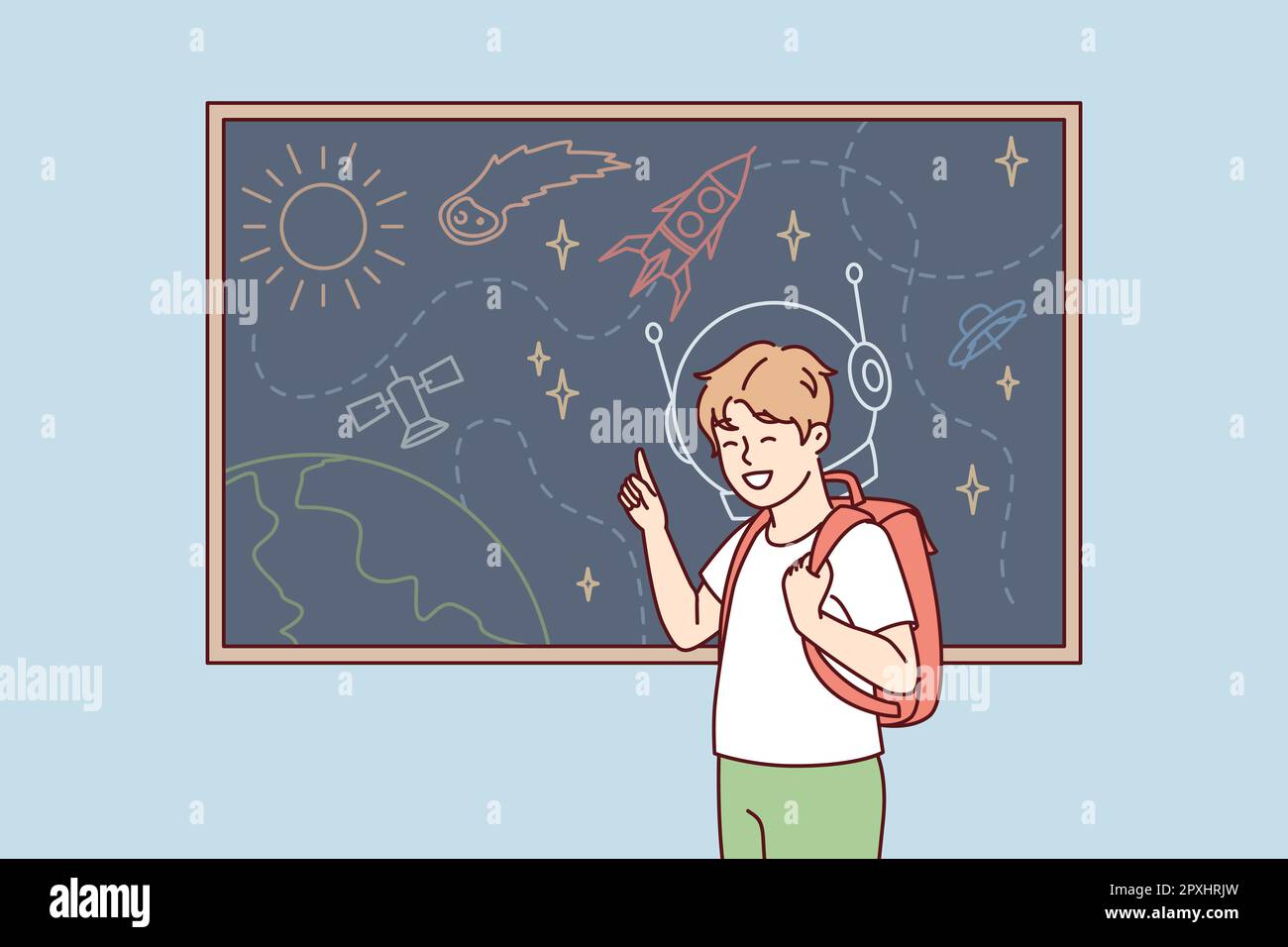 Ein fröhlicher Junge mit Rucksack hinter der Tafel steht neben der ...