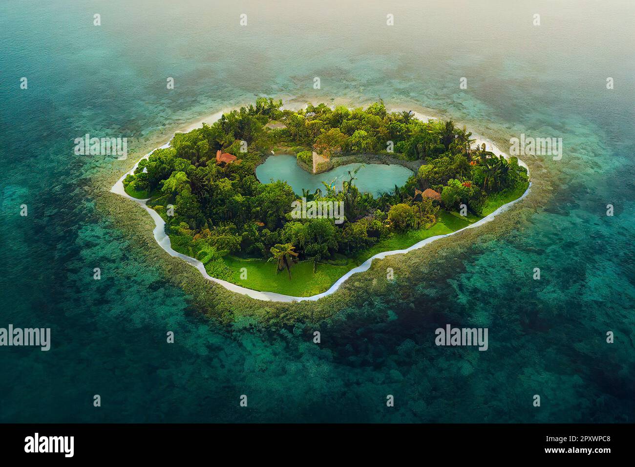 Eine kleine Insel im Ozean, umgeben von kristallklarem Wasser und ...