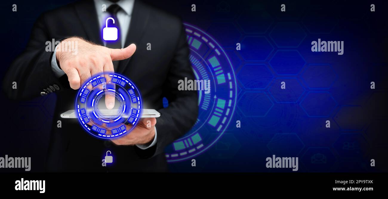 Mann Im Büro Uniform Stehend Durch Drücken Der Virtuellen Taste Mit Dem ...