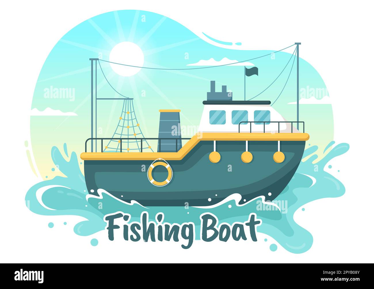 Anglerboot-Illustration mit Fischern, die Fische jagen, indem sie ...