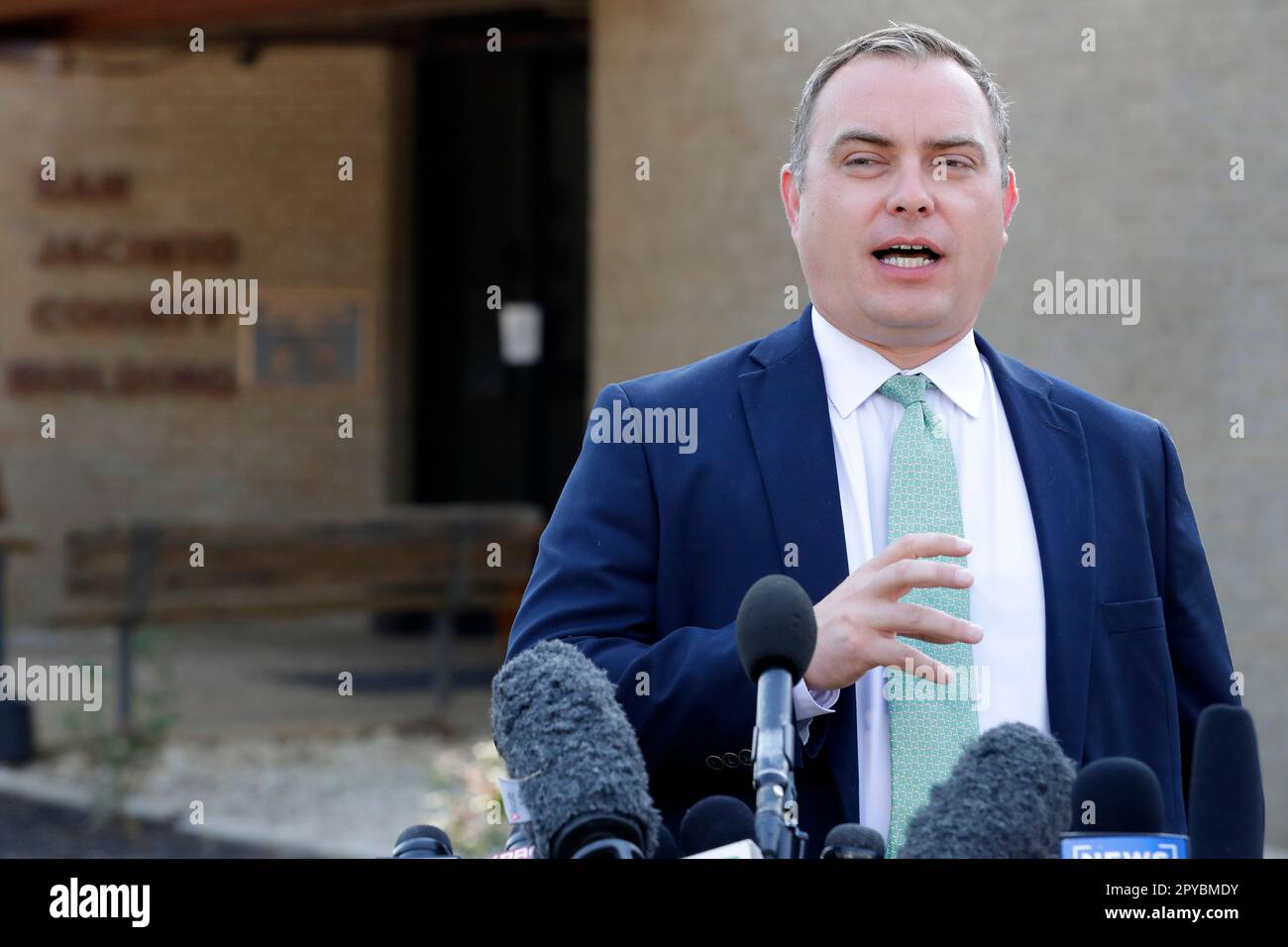 San Jacinto County district attorney Todd Dillon speaks during a news ...
