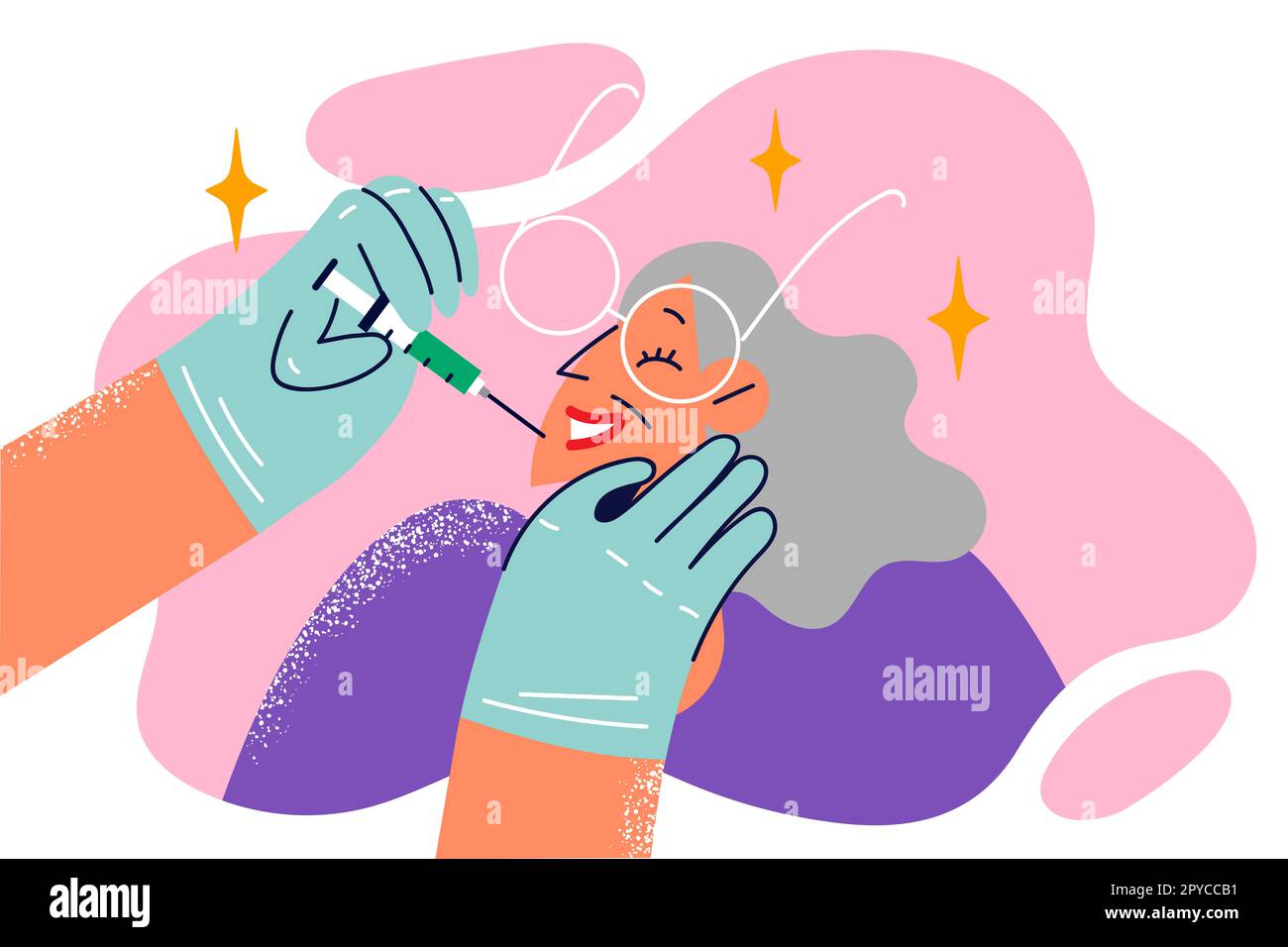 Hand eines Kosmetikers mit einer mit Botox gefüllten Spritze für ältere ...