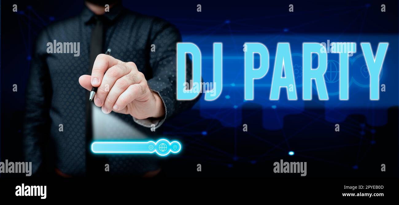 Handschriftlicher Text DJ Party. Eine Person mit Konzeptfotos, die ...
