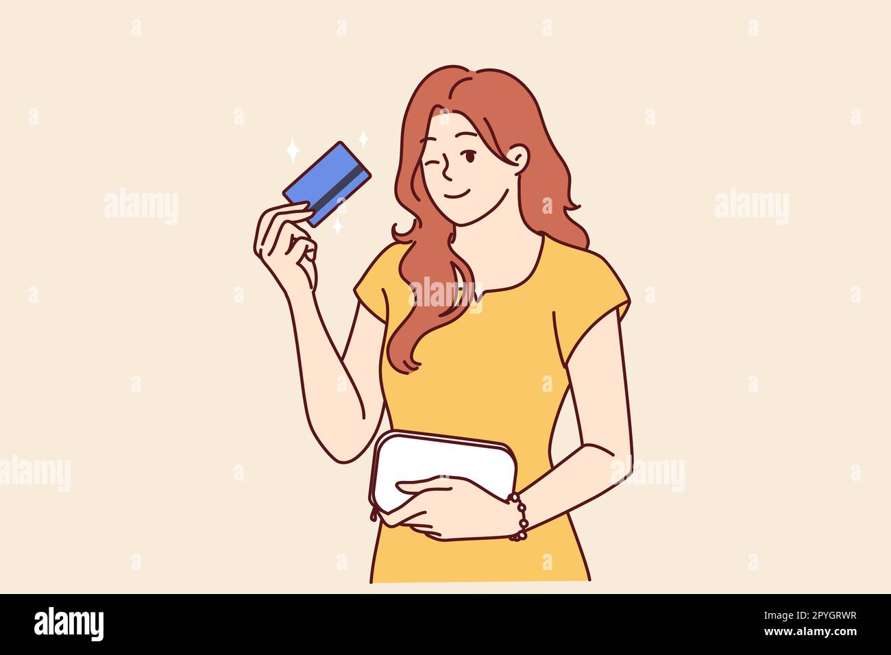 Frau mit zwinkernder Bankkarte empfiehlt die Verwendung eines ...