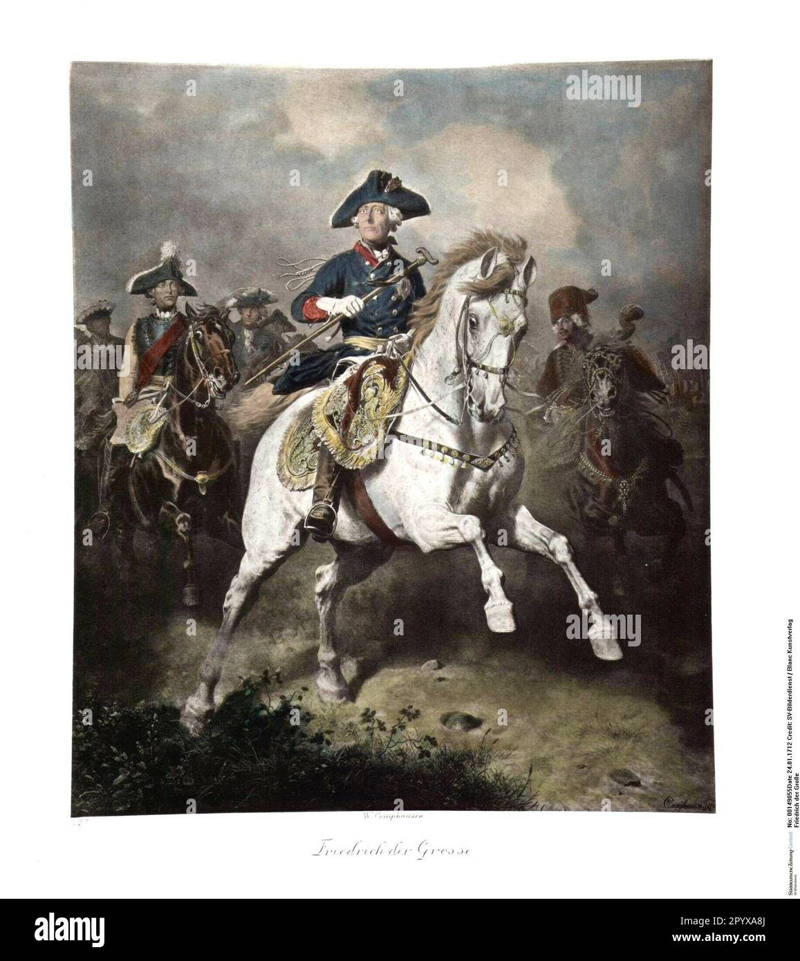 Frederick II. (1712-1786), König von Preußen auf einem weißen Pferd ...