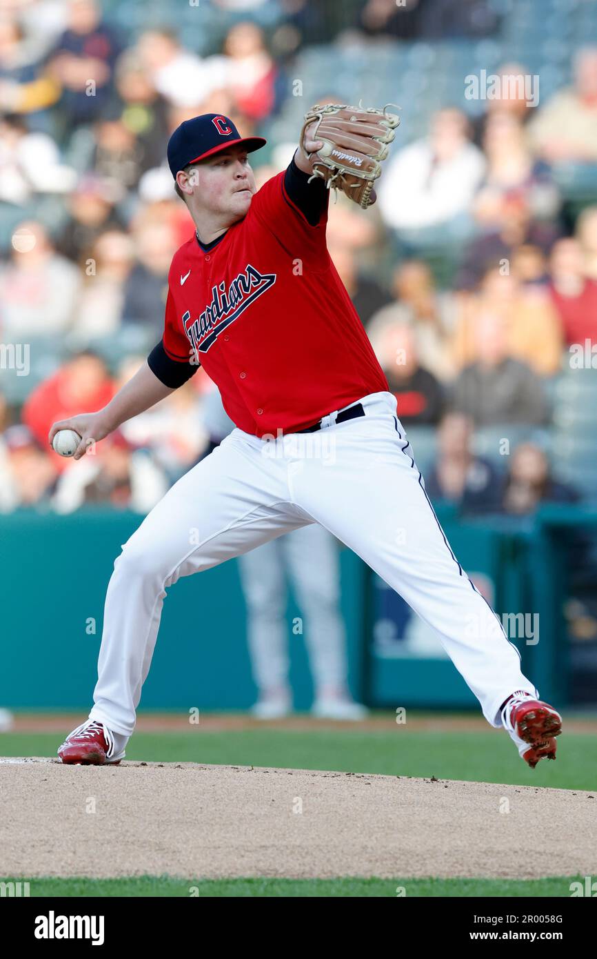 Cleveland Guardians starting pitcher Peyton Battenfield delivers ...