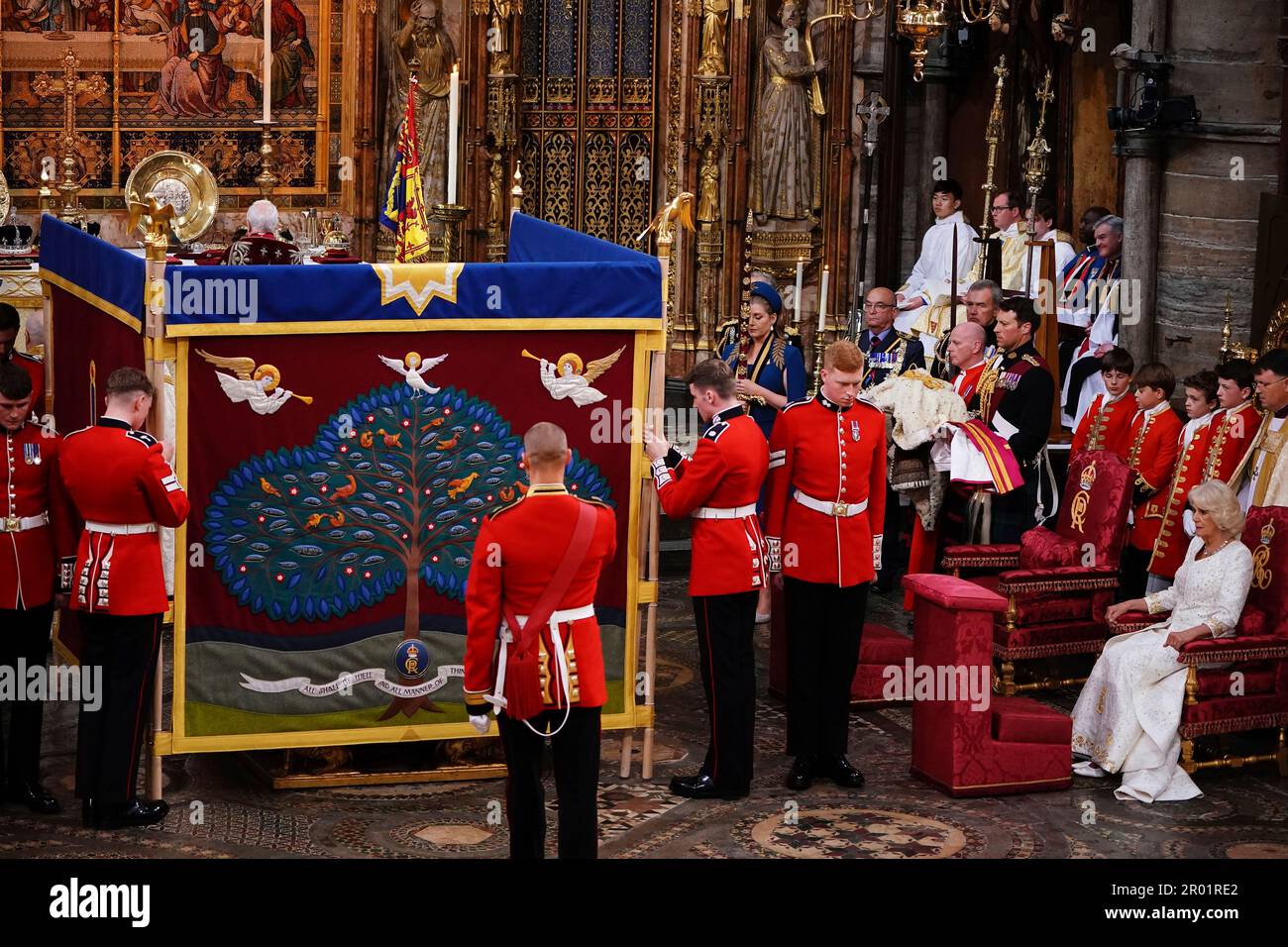 Camilla, the Queen Consort, right, watches as King Charles III is ...