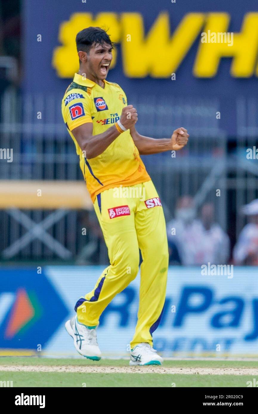 Mumbai Indians' Matheesha Pathirana celebrates taking the wicket of ...