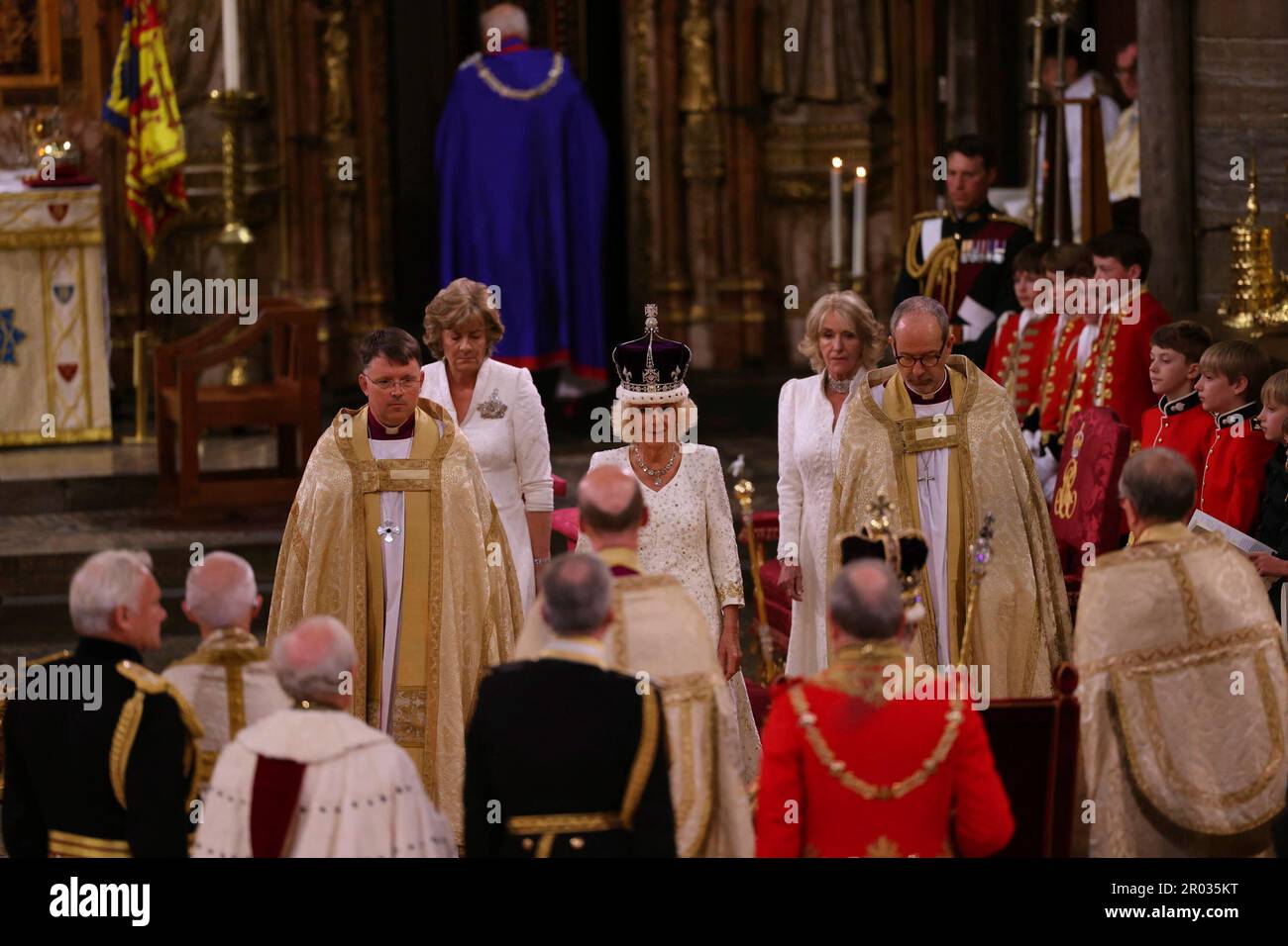 Queen Camilla walks during the coronation of King Charles III and Queen ...