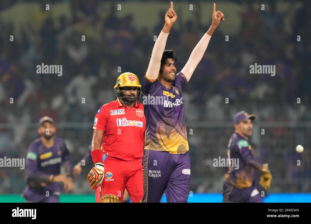 Kolkata Knight Riders' Harshit Rana, center, celebrates the wicket of ...