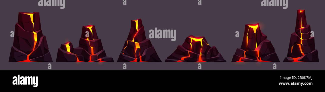 Magischer prähistorischer Vulkansteinberg mit Lava isolierten Cartoon-Vektoren. 2D Fantasy Earth ...