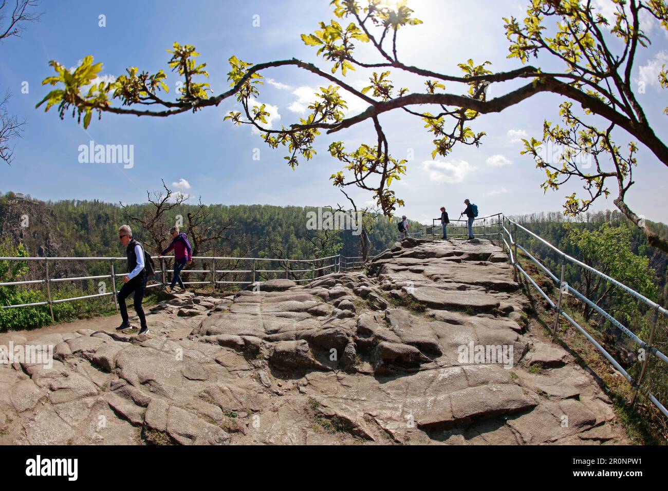 09. Mai 2023, Sachsen-Anhalt, Thale: Wanderer stehen auf dem Rosstrappe ...