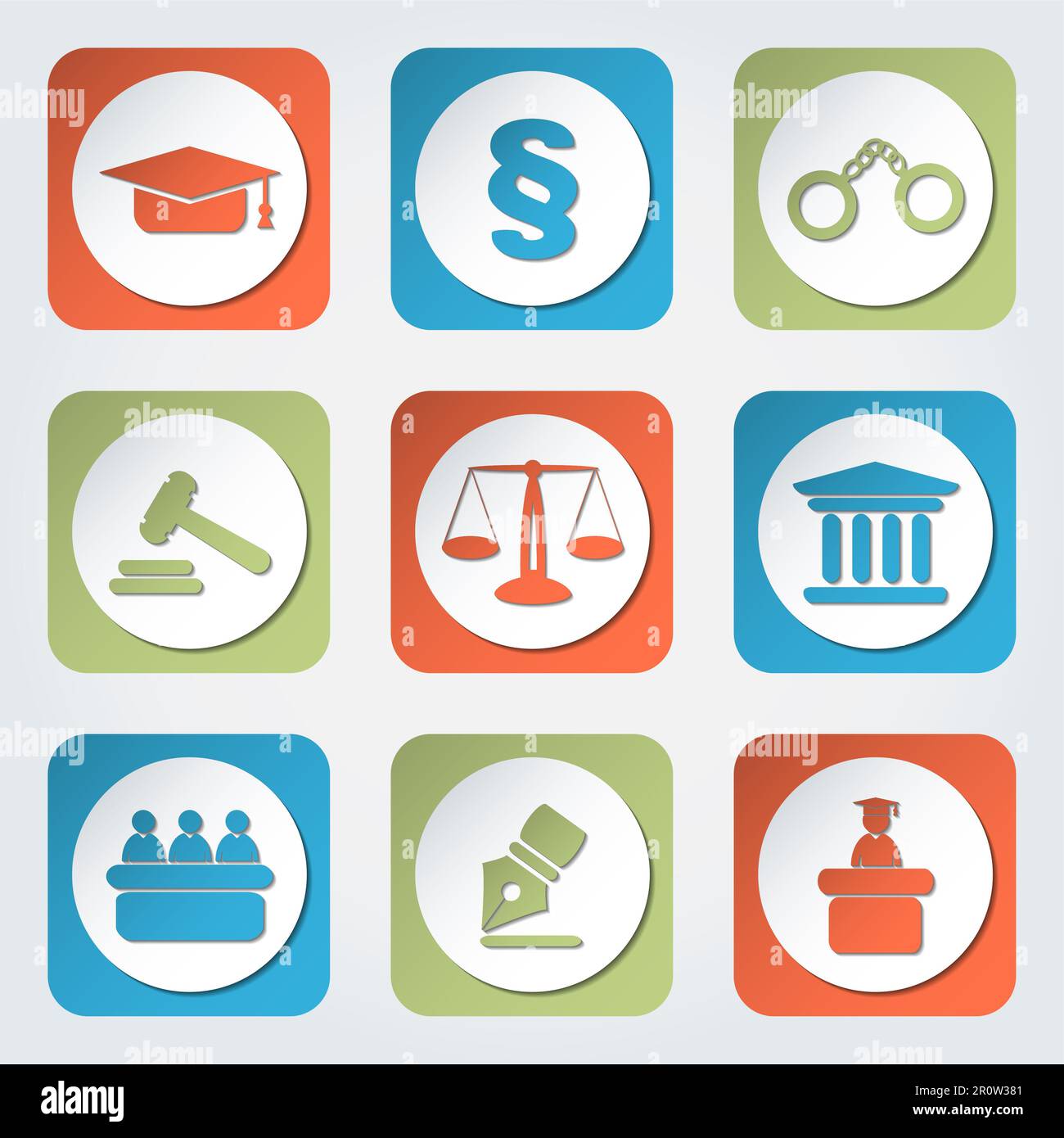 Eine Reihe von Symbolen, die sich auf das Gericht, Verbrechen und das ...