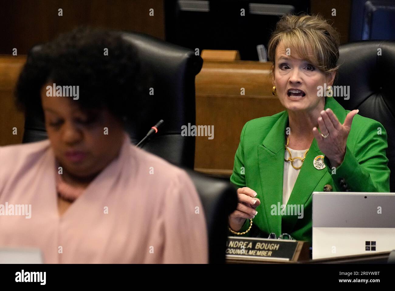 Councilmember Andrea Bough speaks in favor of a resolution that would ...