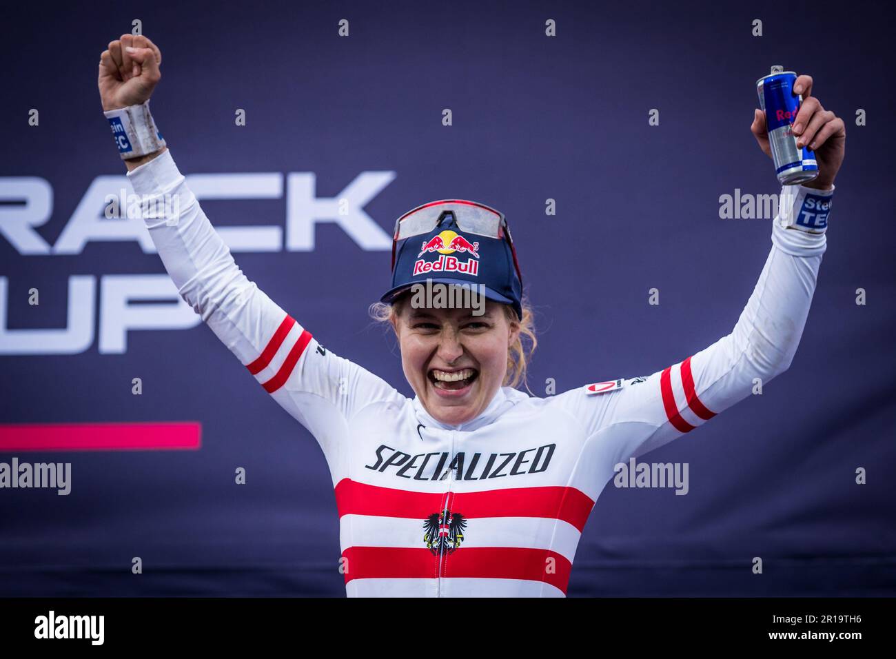 Laura Stigger aus Österreich feiert am 12. Mai 2023 in Nove Mesto na ...