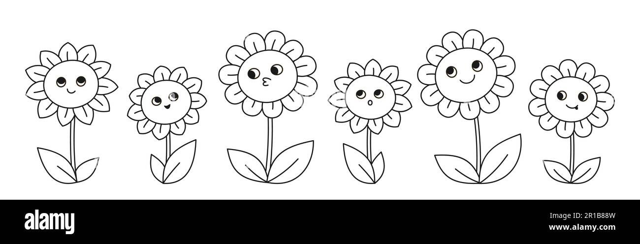 Blumen Kamille Doodle Comic-Zeichentrickset. Comics Kinder lineare ...