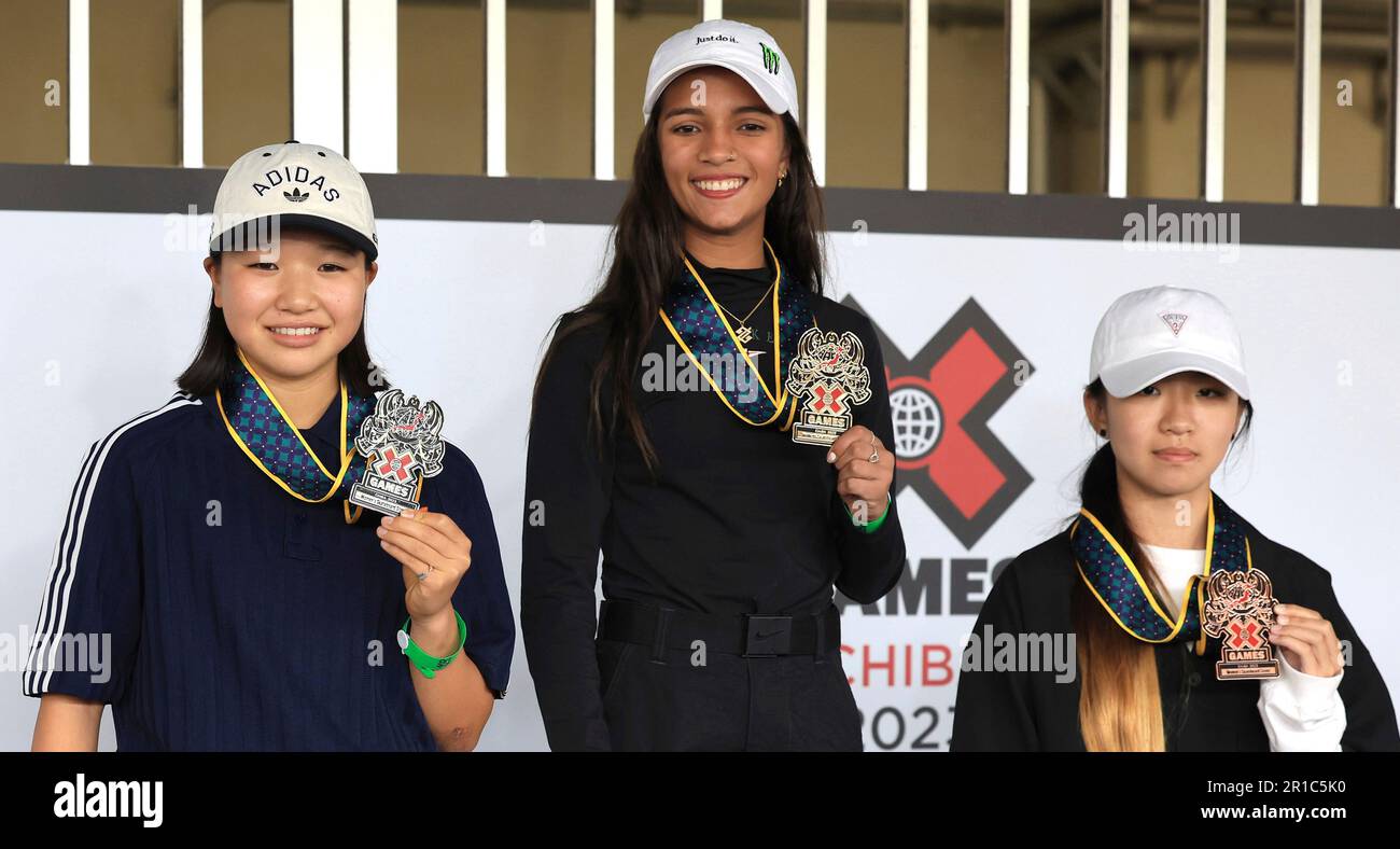 (L-R) Momiji Nishiya of Japan, 2nd, Jhulia Rayssa Mendes Leal of Brazil ...