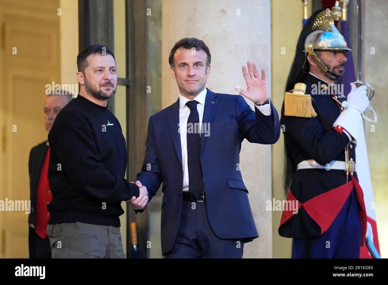 French President Emmanuel Macron, right, welcomes Ukrainian President ...