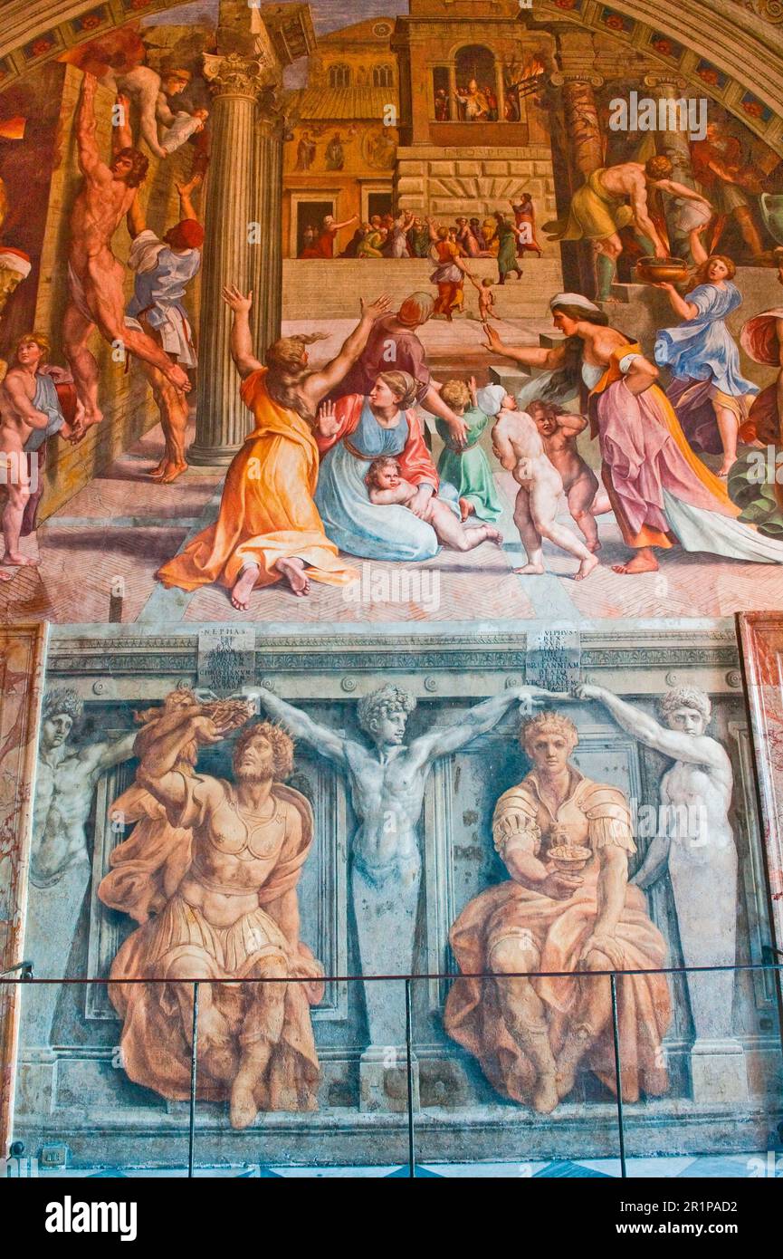 Wandgemälde, Fresco Fire of Borgo, das Borgo Fire, von Raffael, Fresco, Fresco, Raum Konstantin ...