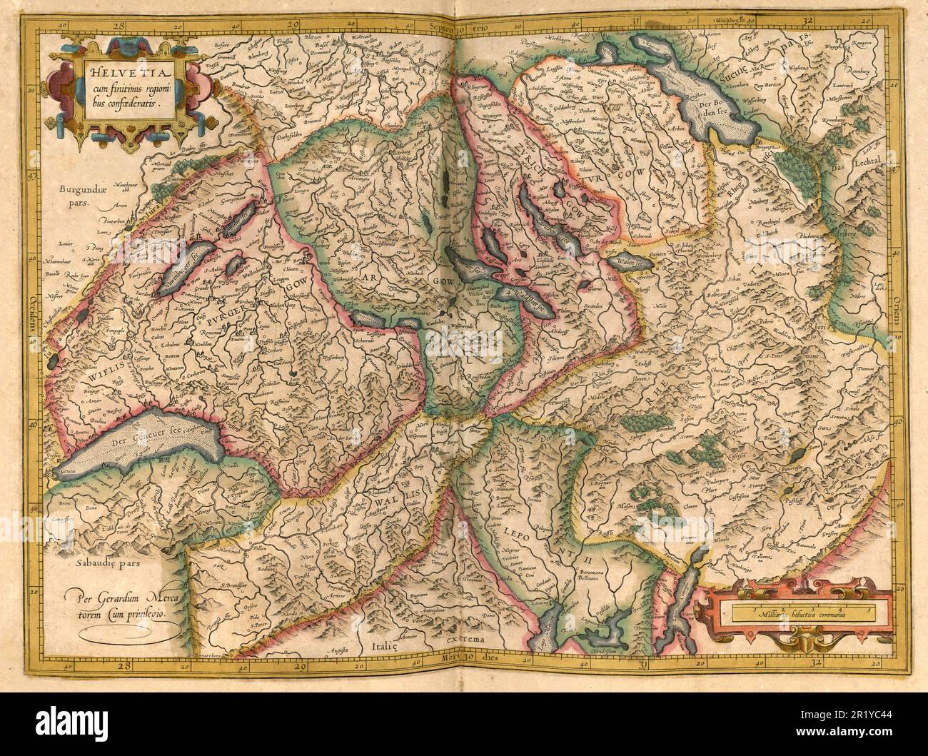 Atlas, Karte von 1623, Schweiz, digital restaurierte Reproduktion einer ...