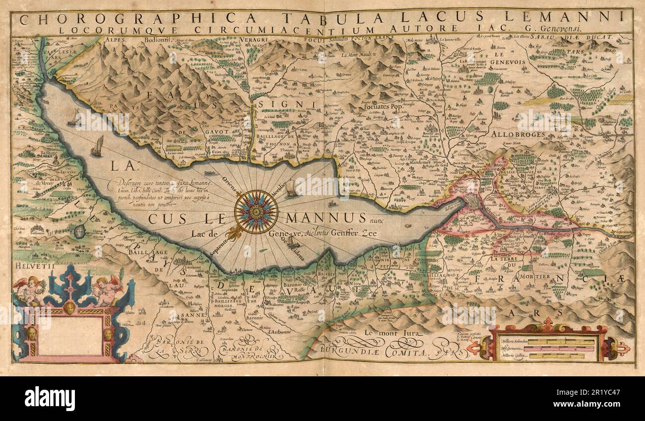 Atlas, Karte von 1623, Schweiz mit Genfer See, digital restaurierte ...