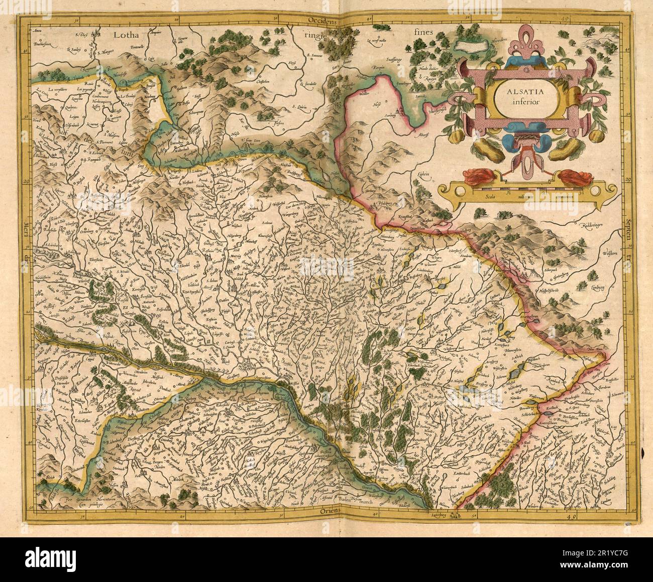 Atlas, Karte von 1623, Elsass, Frankreich, digital restaurierte ...