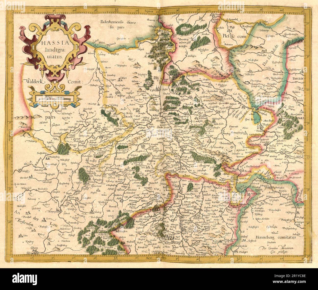 Atlas, Karte von 1623, Hessen, Deutschland, digital restaurierte ...
