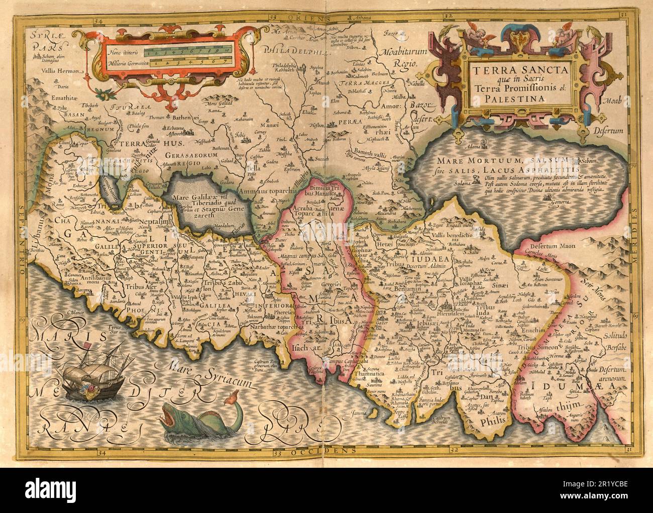 Atlas, Karte von 1623, Heiliges Land, Palästina, digital restaurierte ...