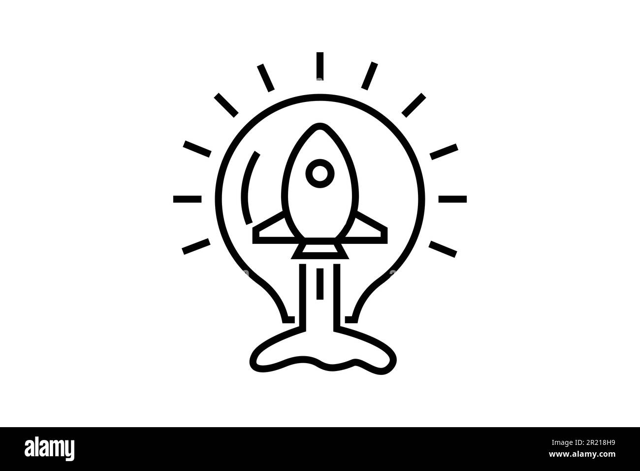 Abbildung des Symbols „Rocket Idea“. Glühbirne mit Rakete. Symbol für ...