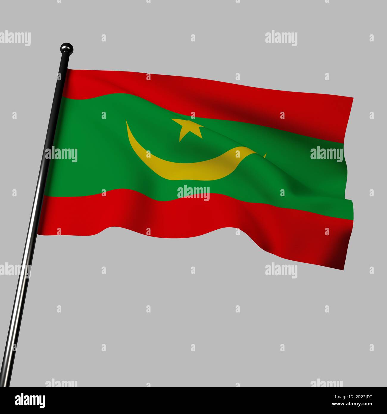 3D Mauretanische Flagge, die im Wind auf grauem Hintergrund winkt. Sie ...