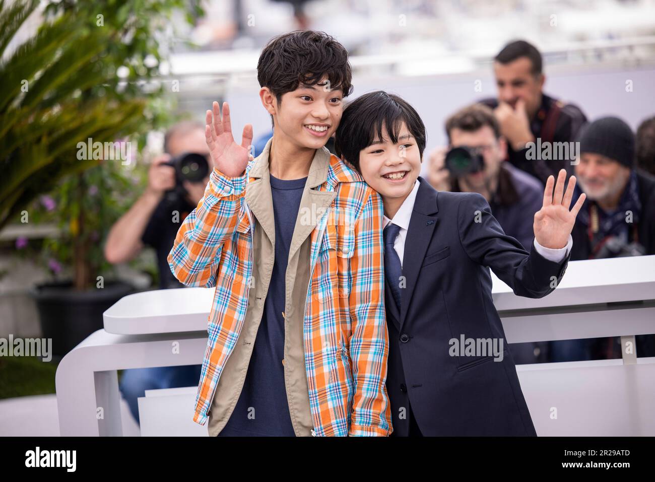 Soya Kurokawa, left, and Hinata Hiiragi pose for photographers at the photo call for the film ...