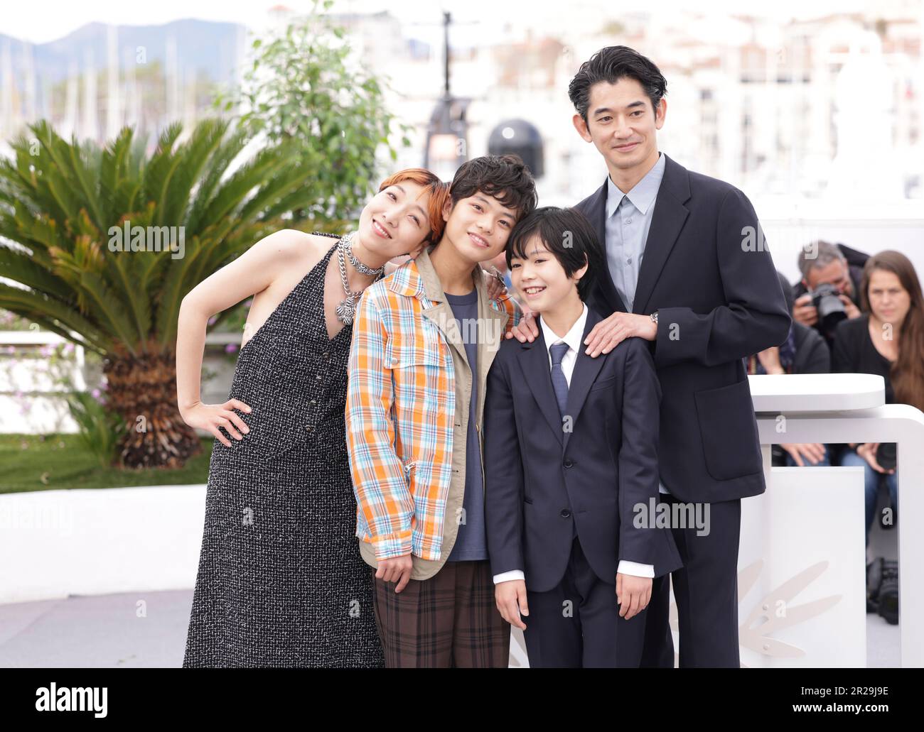 Sakura Ando, from left, Soya Kurokawa, Hinata Hiiragi, and Eita Nagayama pose for photographers ...