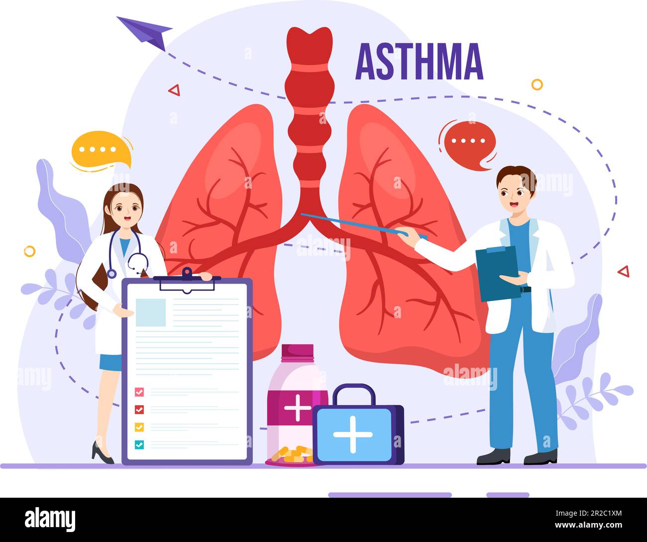 Asthma-Krankheit Vektor-Illustration mit menschlichen Lungen und Inhalatoren zum Atmen im ...
