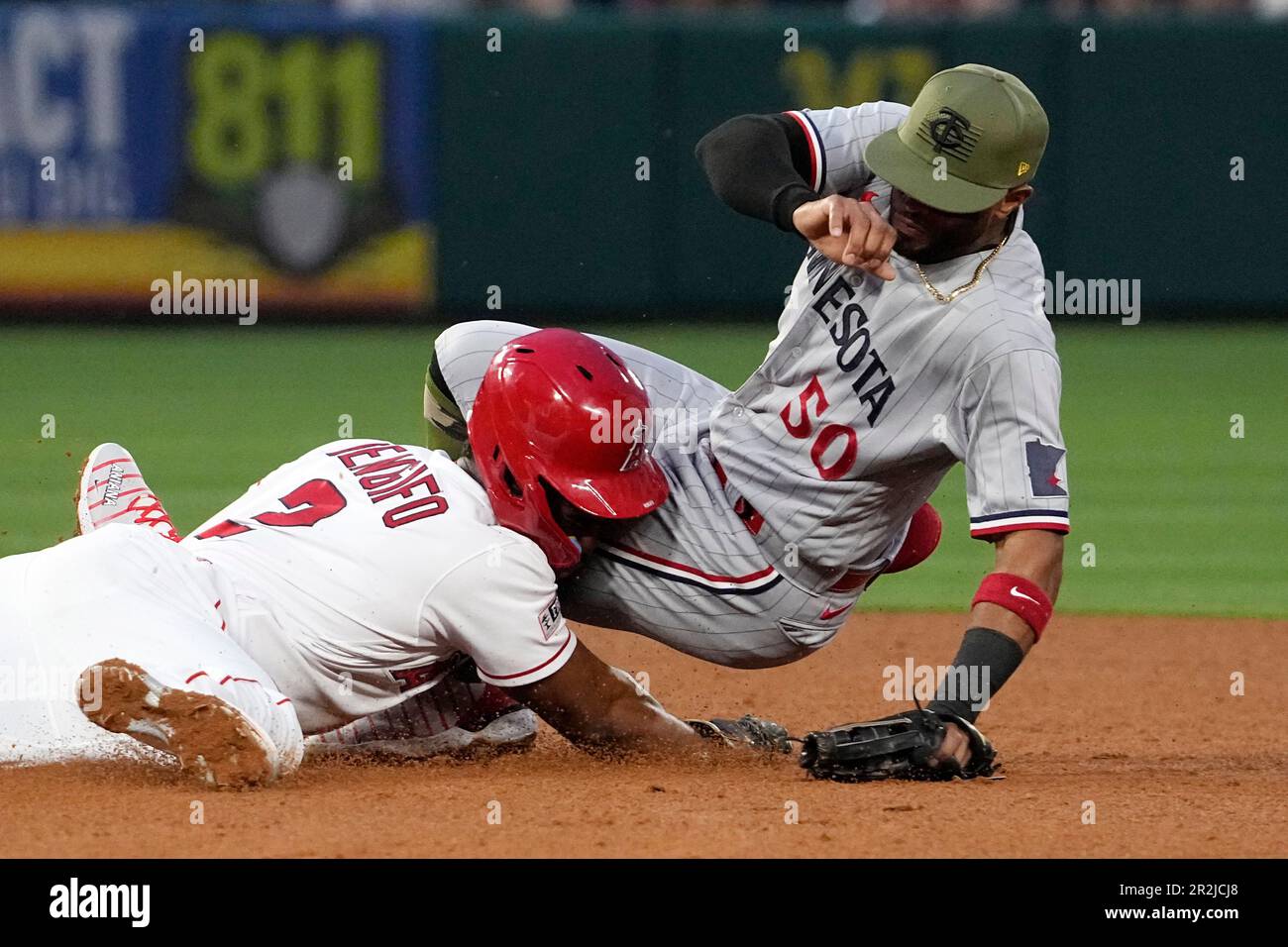 Los Angeles Angels' Luis Rengifo, left, steals second as Minnesota ...