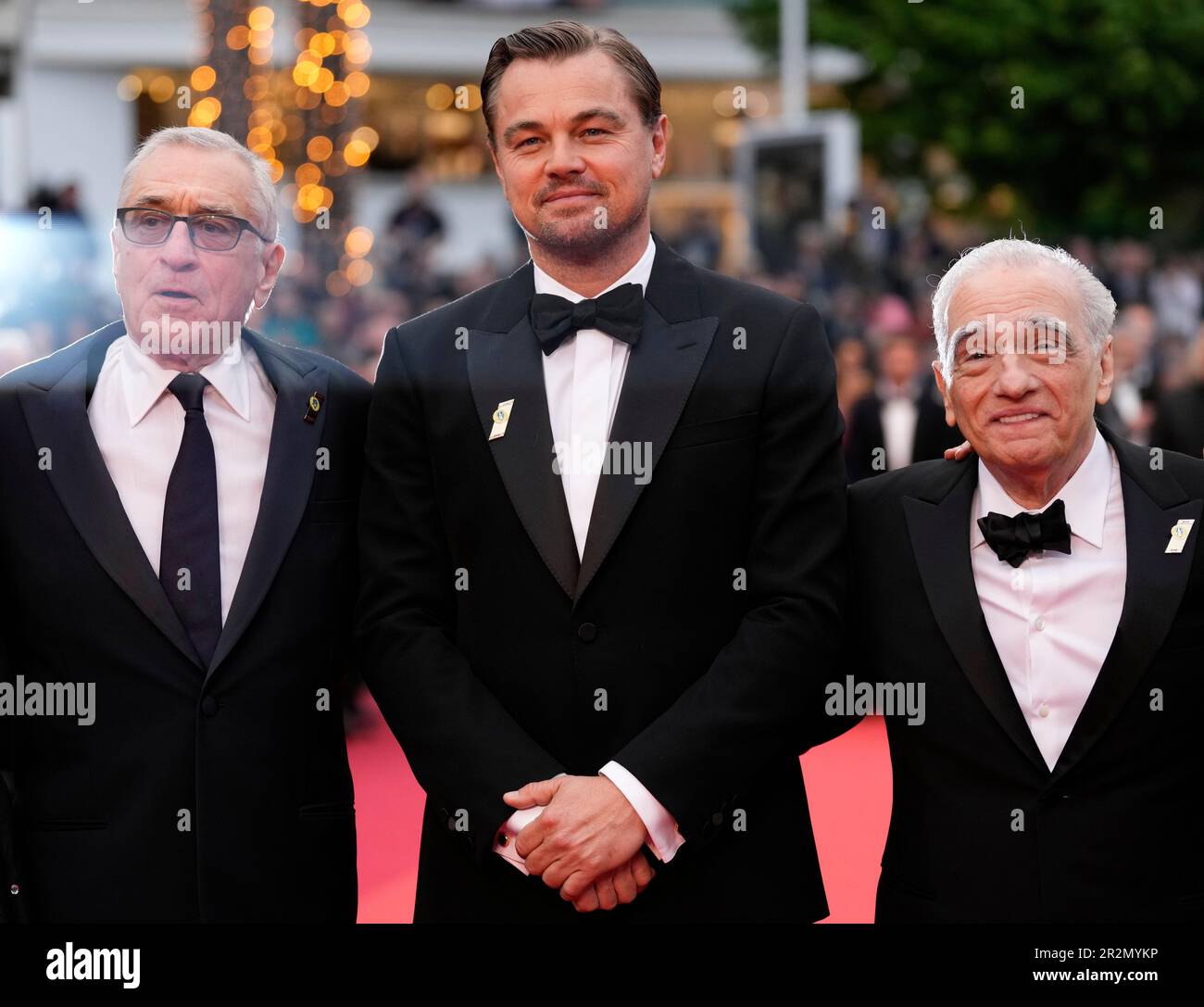 Robert De Niro, from left, Leonardo DiCaprio and director Martin Scorsese pose for photographers ...