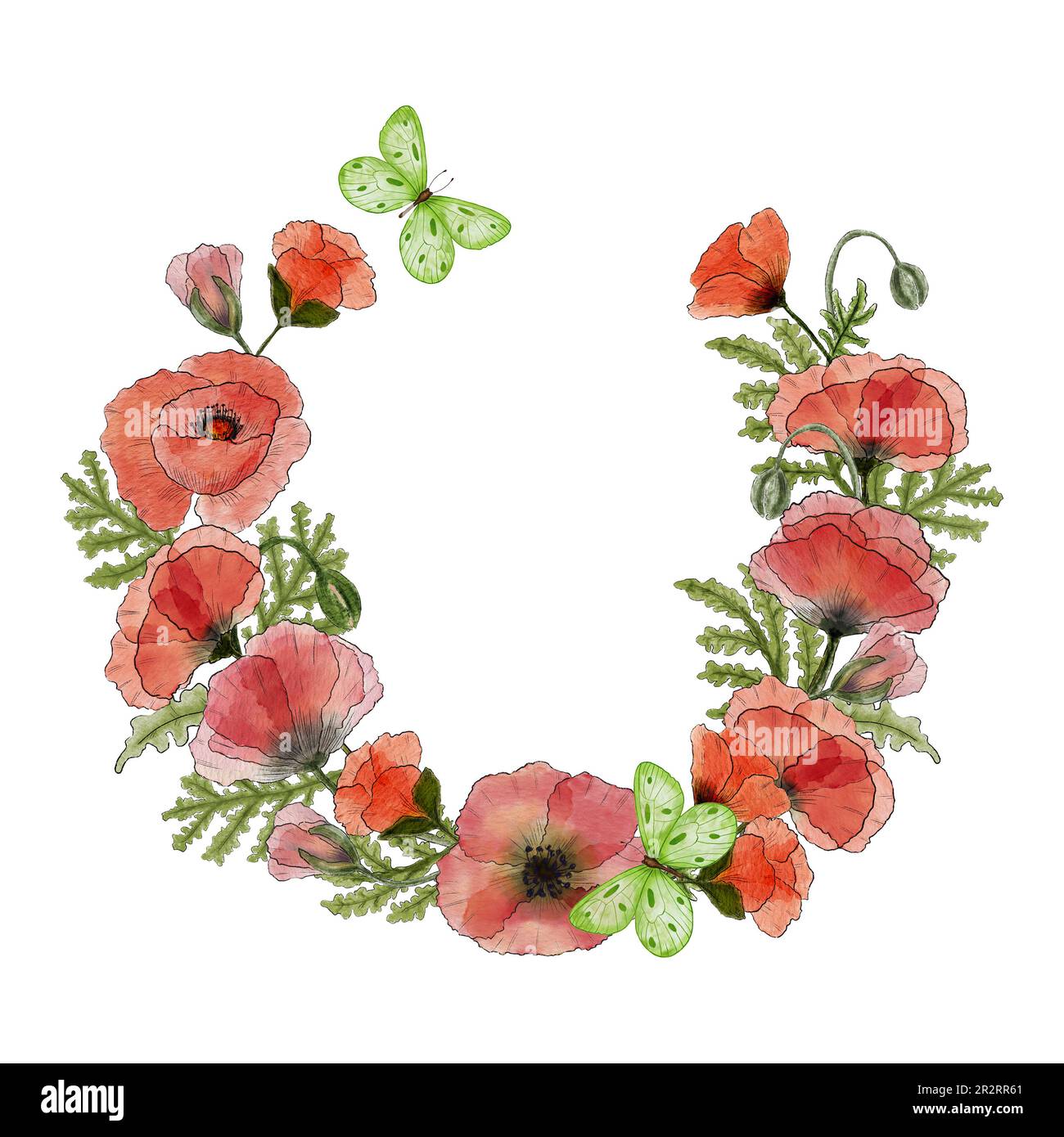 Aquarelle Karte mit rotem Mohn. Rote Mohnblumen und Schmetterling ...