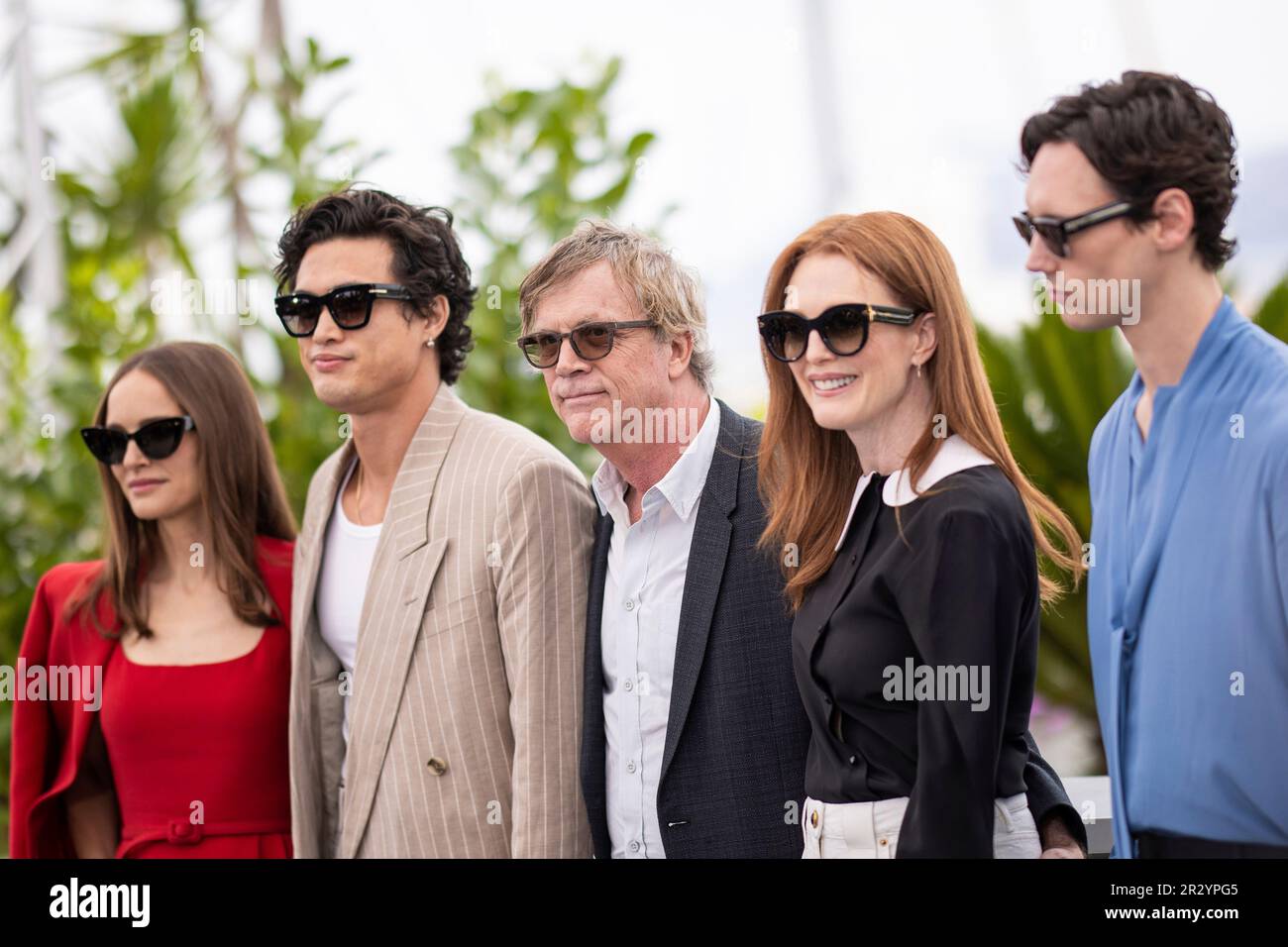 Natalie Portman, from left, Charles Melton, director Todd Haynes, Julianne Moore, and Cory ...