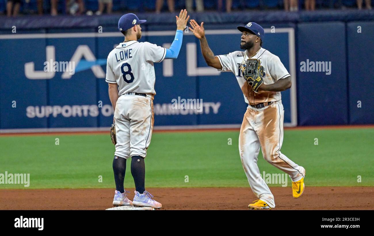 Tampa Bay Rays' Brandon Lowe (8) and Randy Arozarena celebrate a 6-4 ...