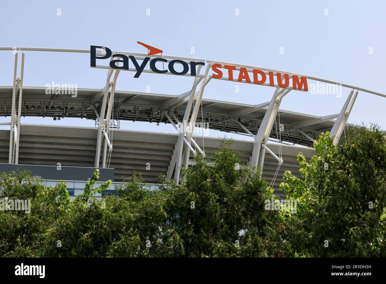 Paycor Stadium signage is seen during a practice at the NFL football ...