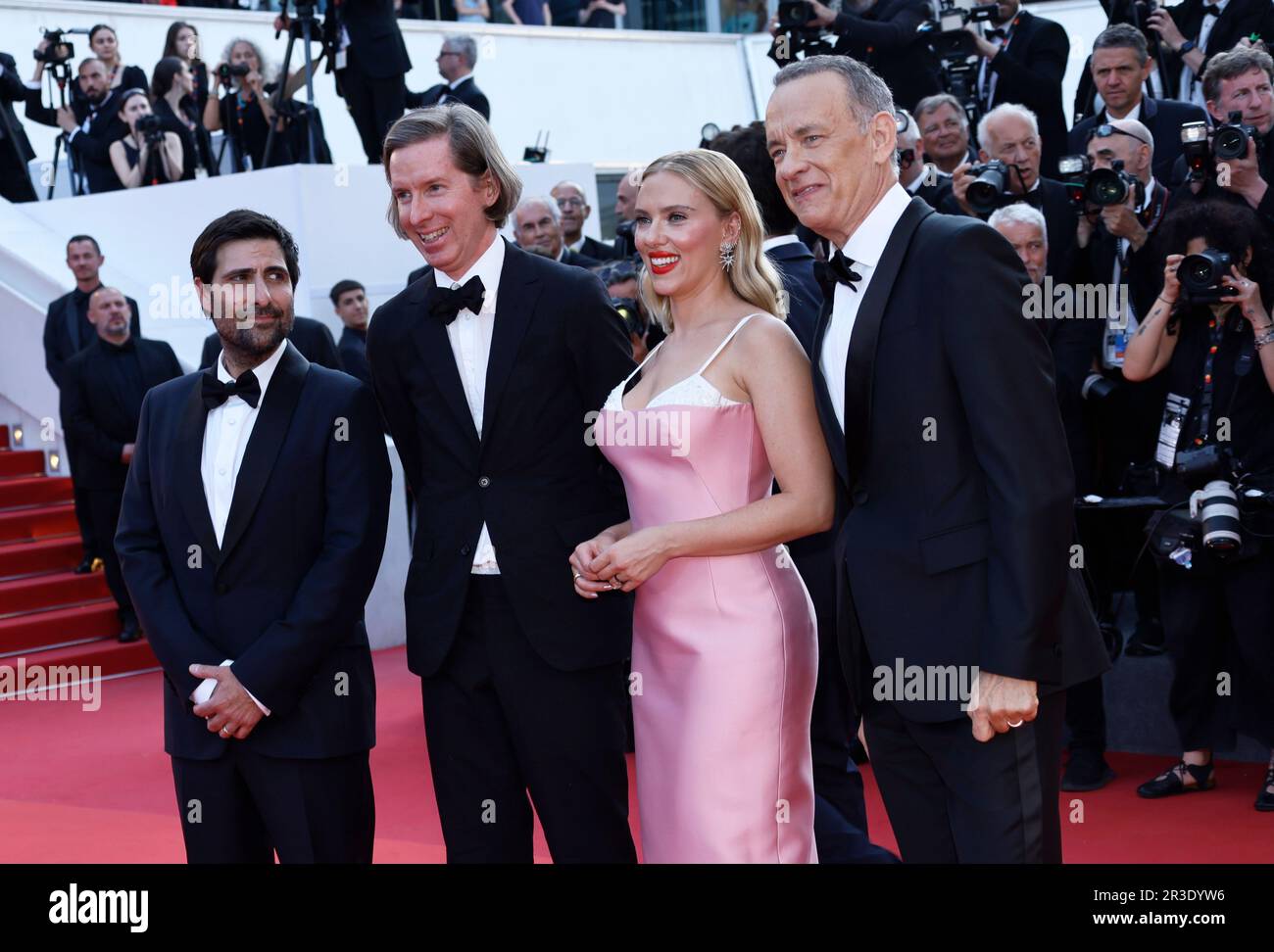 Jason Schwartzman, from left, director Wes Anderson, Scarlett Johansson, and Tom Hanks pose for ...