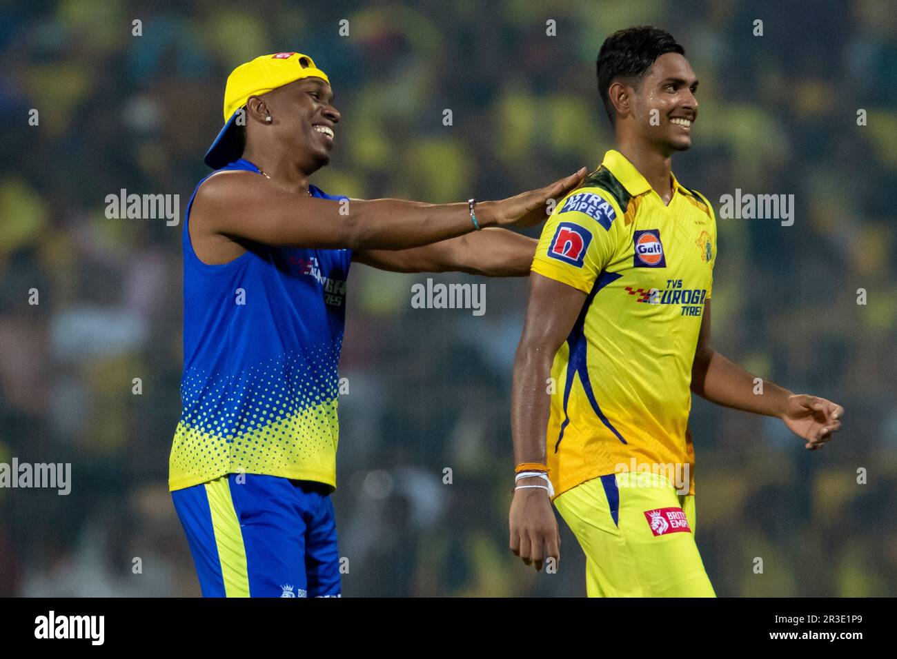 Chennai Super Kings' Matheesha Pathirana, right, is congratulated by ...