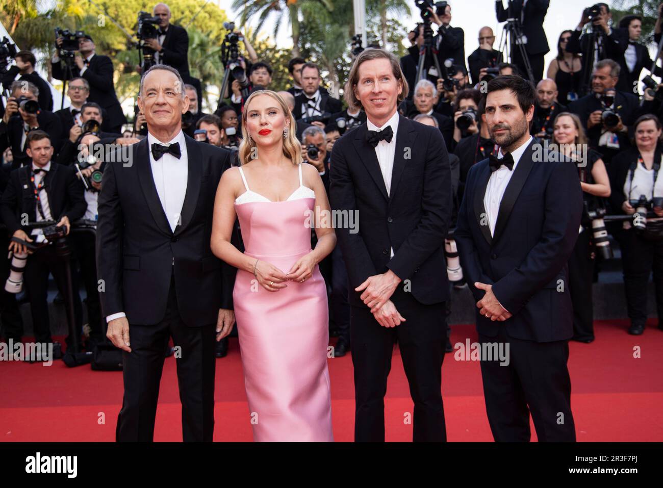 Tom Hanks, from left, Scarlett Johansson, director Wes Anderson, and Jason Schwartzman pose for ...
