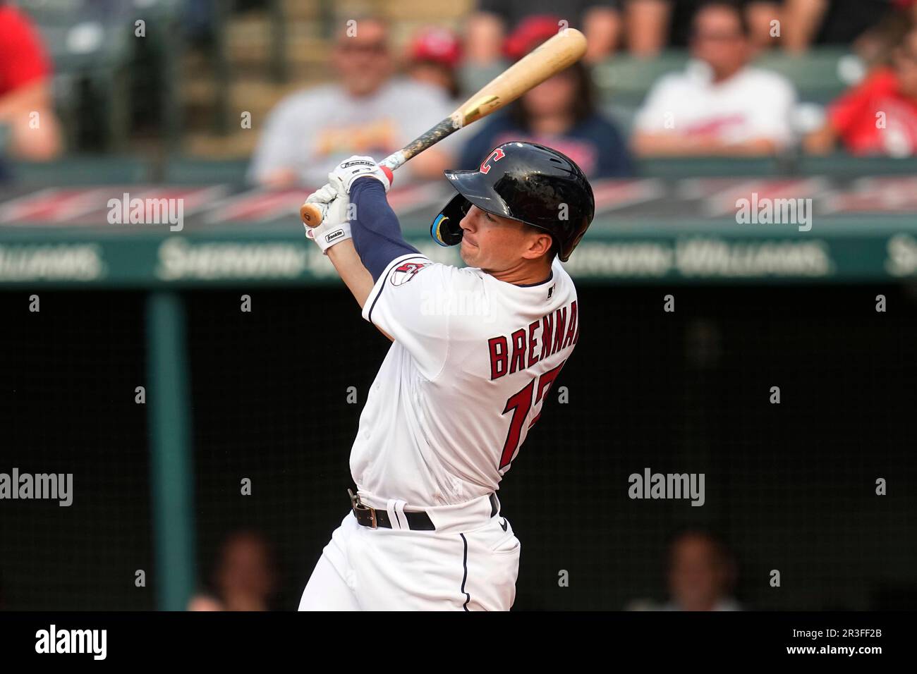 Cleveland Guardians' Will Brennan watches his home run against the ...