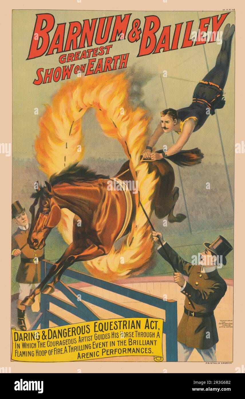 Das Vintage Barnum & Bailey Circus Poster zeigt ein Pferd, das durch einen Flammenring springt ...