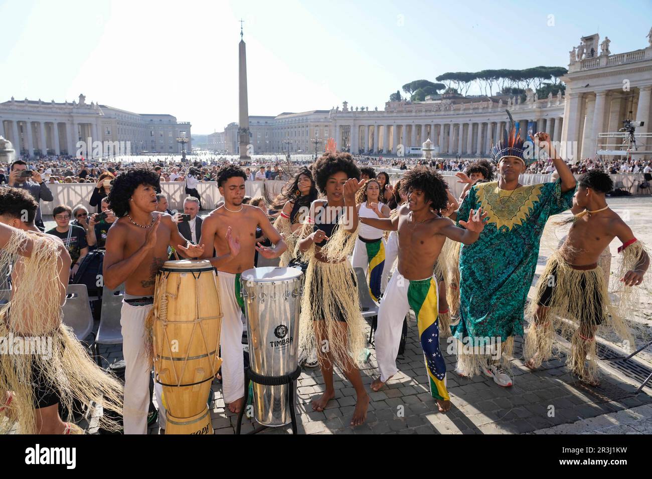 A group of Brazilian faithfuls dress in traditional clothes perform a ...