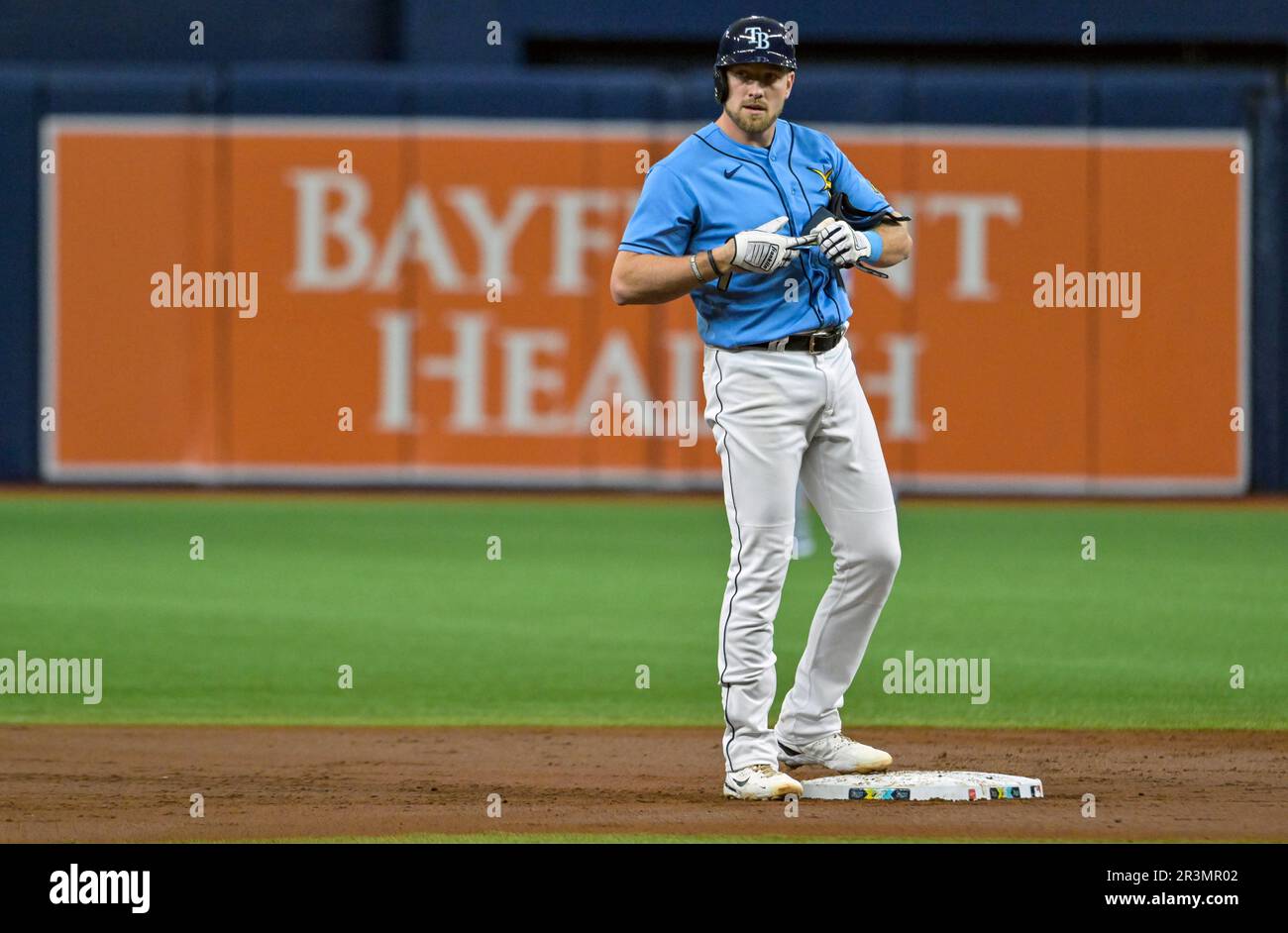 Tampa Bay Rays' Luke Raley stands on second base after hitting a double ...