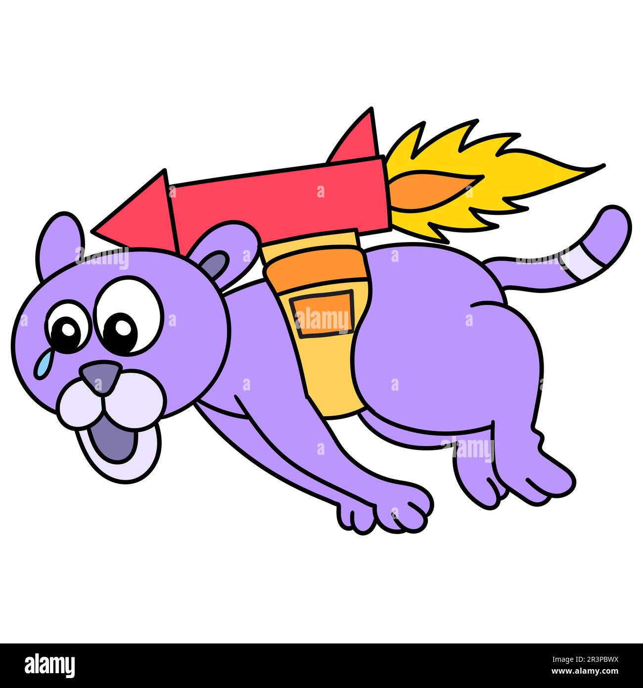 Der Tiger fliegt mit einer Rakete auf dem Rücken, kawaii koodle. Bild ...